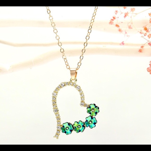 Jewelry | Green Iridescent Flower And Crystal Hollow Offset Heart ...